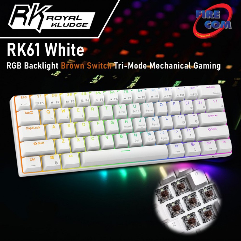 (KEYBOARD) Royal Kludge RK61 White RGB Backlight Brown Switch Tri-Mode ...